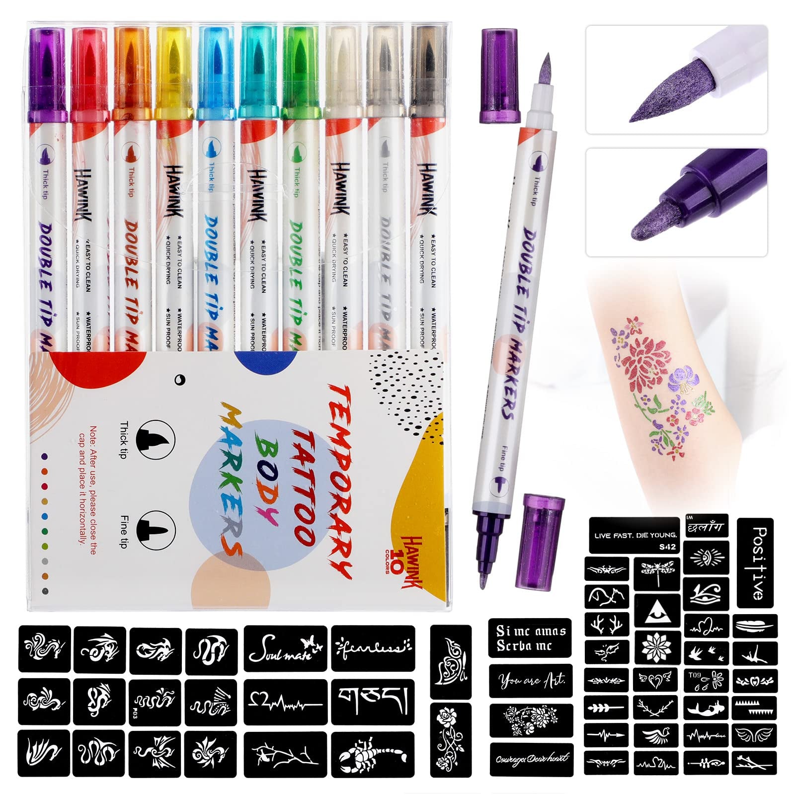 HAWINK Marcadores temporales de tatuaje para piel, 10 marcadores corpo ...